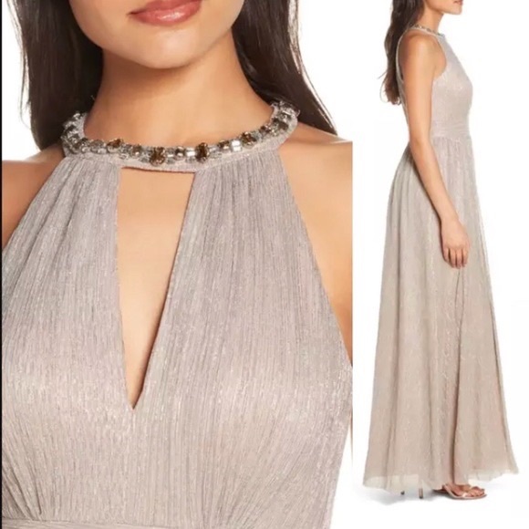 Eliza J | Dresses | Eliza J Shimmering Cutout Halter Gown Champagne ...